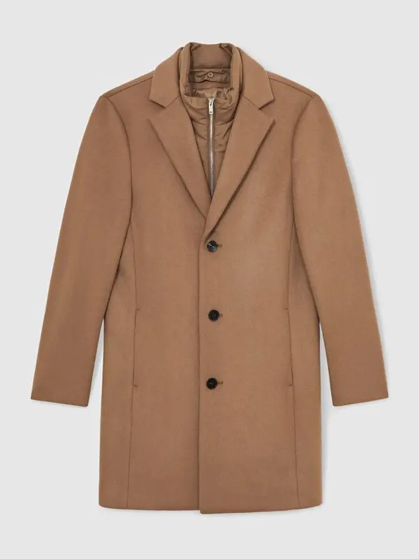 REISS Gable Wool-blend Overcoat With Internal Gilet - Light Brown
