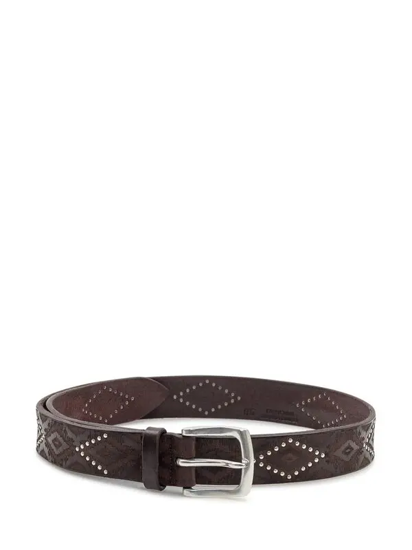 ORTIGNI Leather Belt With Geometric Pattern And Studs - Brown