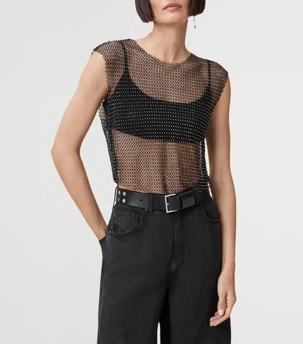 ALLSAINTS Mesh Embellished Calytrix Crop Top