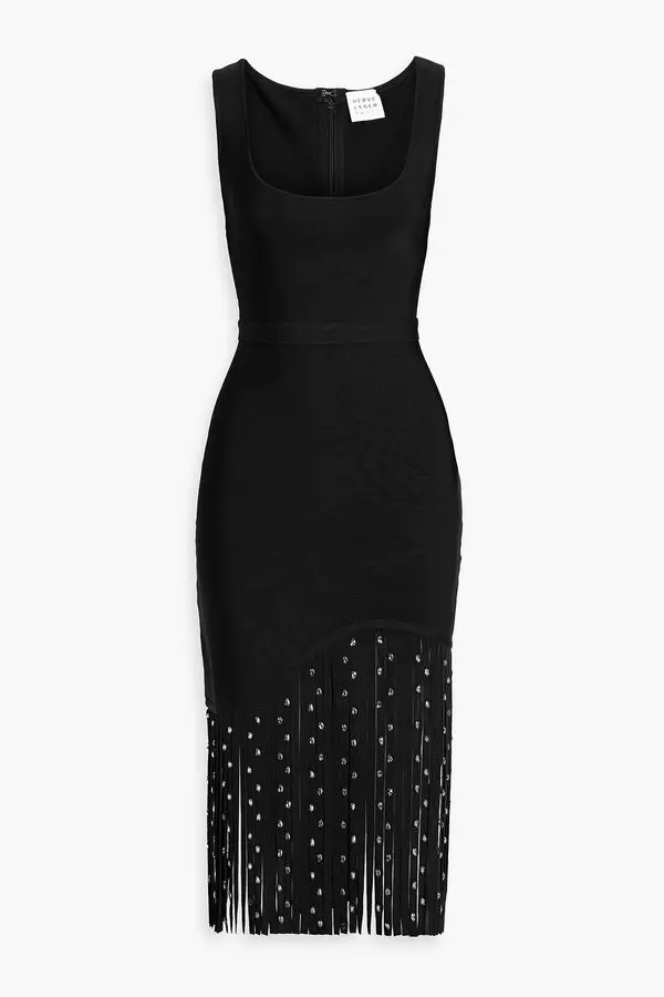 Herve Leger Reagan Crystal-embellished Fringed Bandage Midi Dress - Black