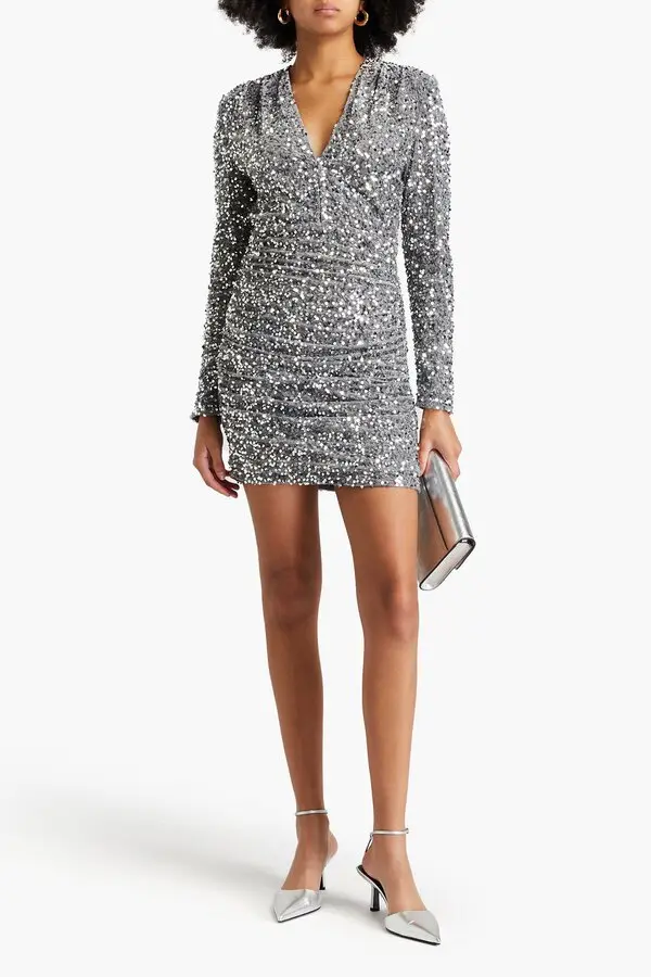 Maje Ruched Sequined Velvet Mini Dress