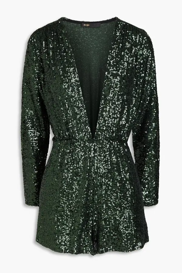 Maje Sequin-embellished Knitted Playsuit - Forest Green