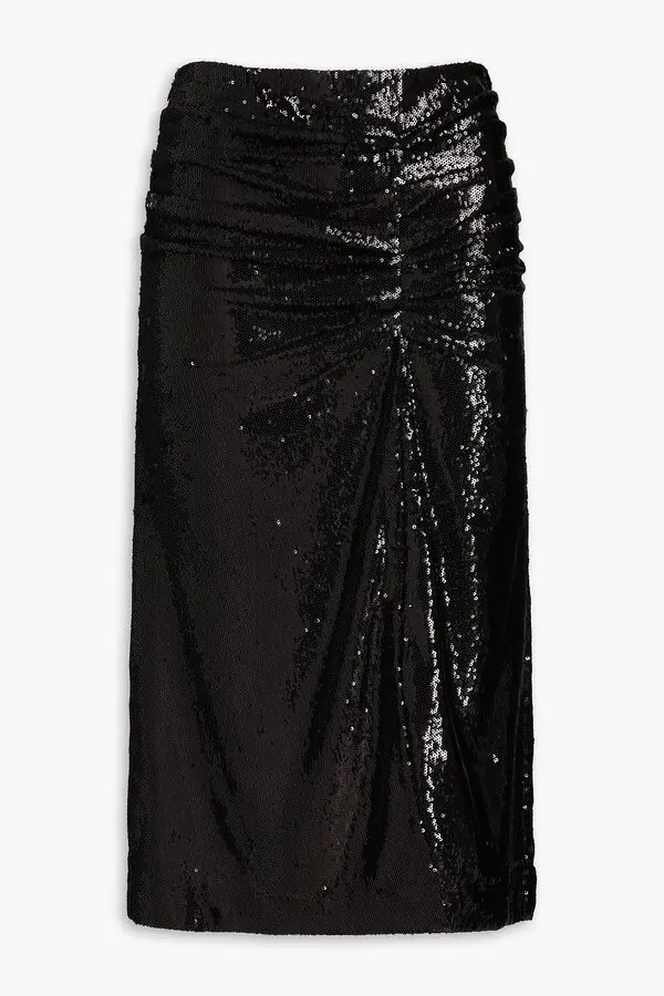 Maje Ruched Sequined Knitted Midi Skirt