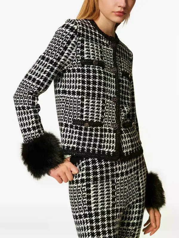 TWINSET Checked Knit Jacket With Faux Fur Trim