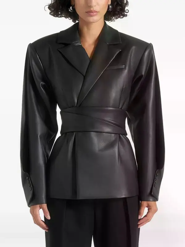 Manière De Voir Twist Sleeve Vegan Leather Blazer With Belt - Black