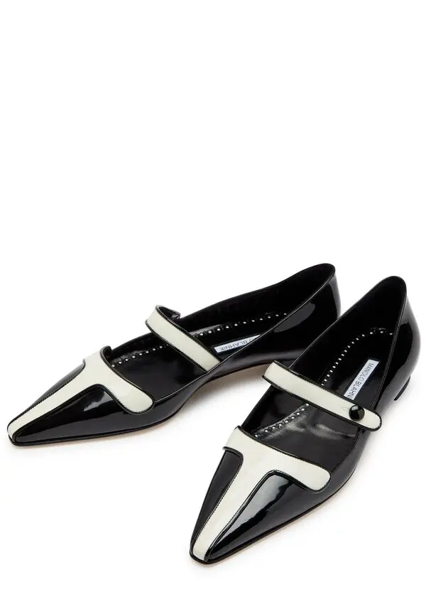 Manolo Blahnik Ganeus Patent Leather Flats - Black And White