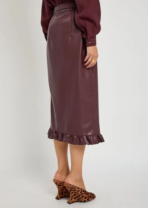 NEVER FULLY DRESSED Jaspre Ruffled Faux Leather Midi Wrap Skirt - Red