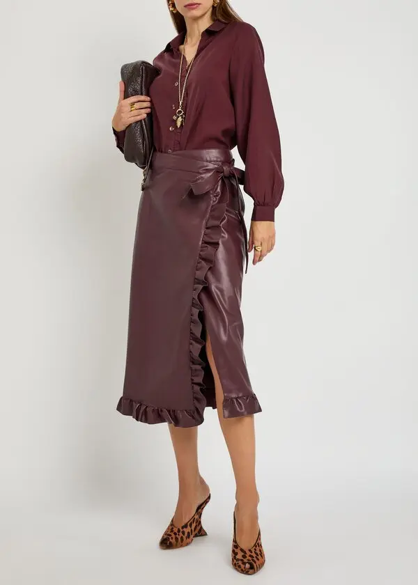 NEVER FULLY DRESSED Jaspre Ruffled Faux Leather Midi Wrap Skirt - Red