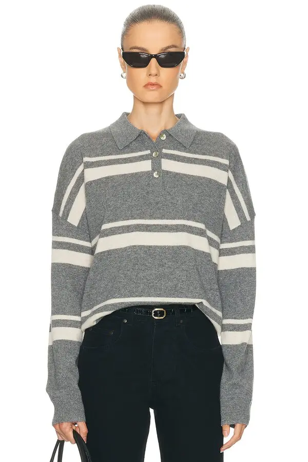 Renggli Cashmere Striped Polo Top - Pebble & Eggshell