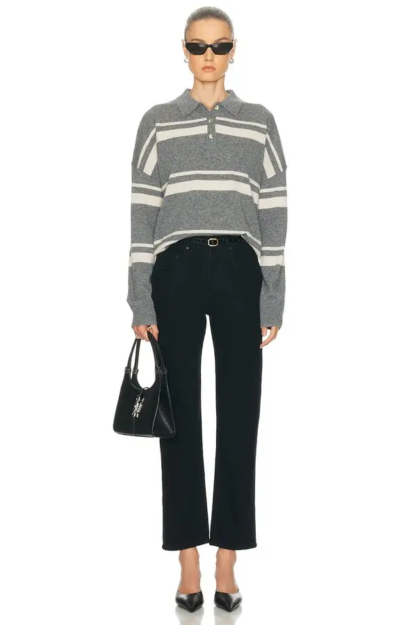 Renggli Cashmere Striped Polo Top - Pebble & Eggshell