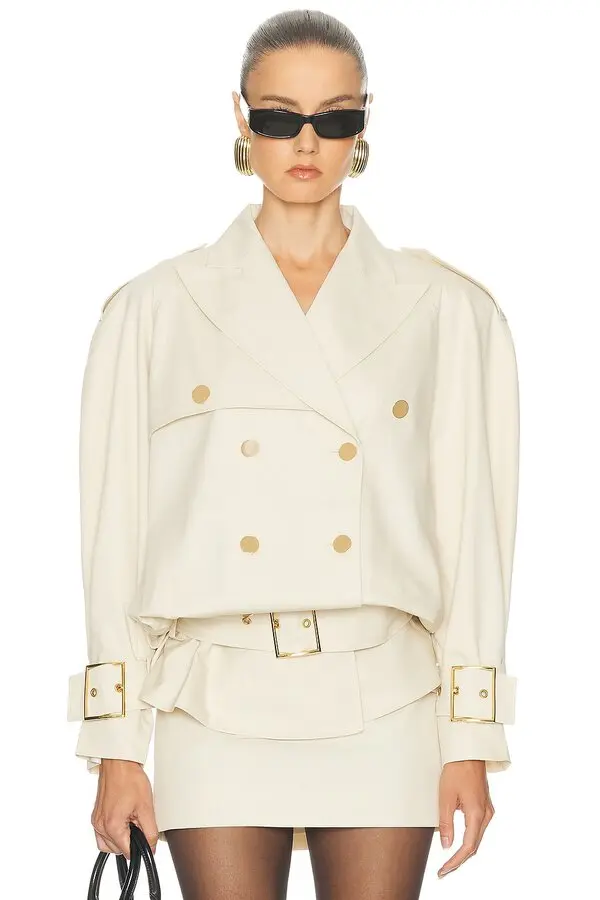 ROWEN ROSE Faux Leather Belted Jacket - Beige Gabardine