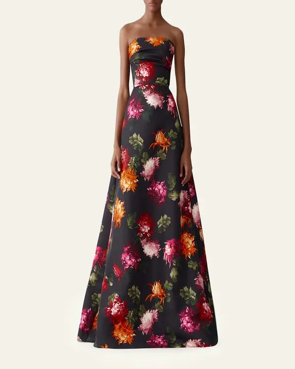 Carolina Herrera Floral-print Strapless A-line Gown - Black Multi