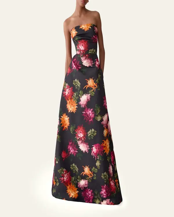 Carolina Herrera Floral-print Strapless A-line Gown - Black Multi