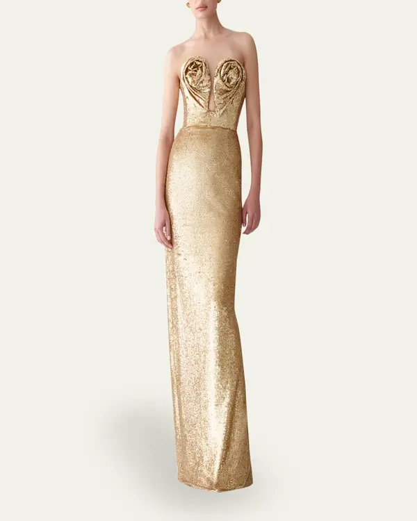 Carolina Herrera Strapless Rose Sequined Gown