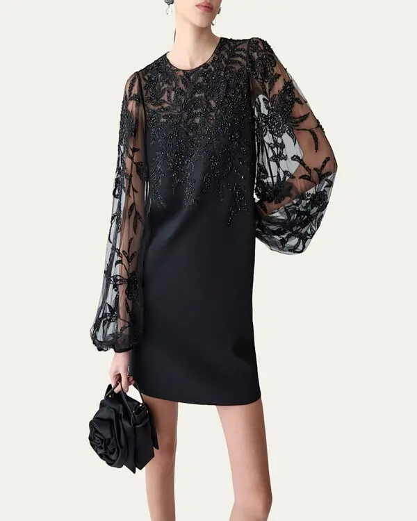 Carolina Herrera Embroidered Puff-sleeve Mini Dress