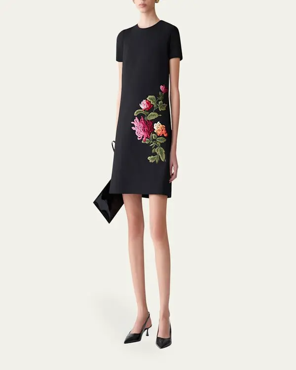 Carolina Herrera Floral Embroidered Mini Shift Dress - Black Multi