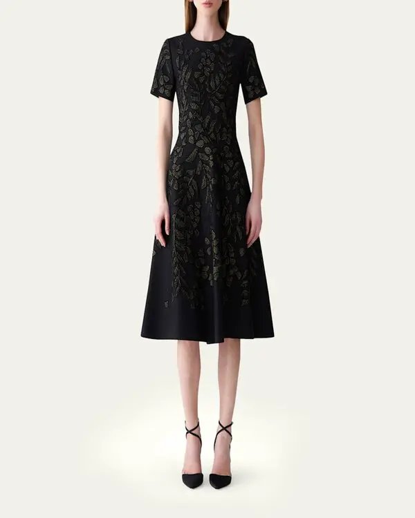 Carolina Herrera Gold-leaf Jacquard Midi Dress