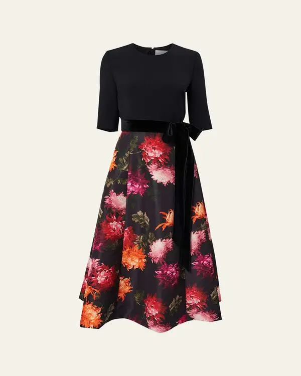 Carolina Herrera Floral Elbow-sleeve Bow Midi Dress