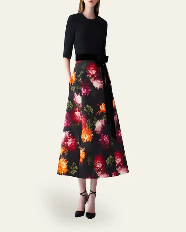 Carolina Herrera Floral Elbow-sleeve Bow Midi Dress