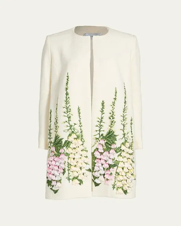 Oscar De La Renta Foxglove Embroidered Tweed Collarless Jacket