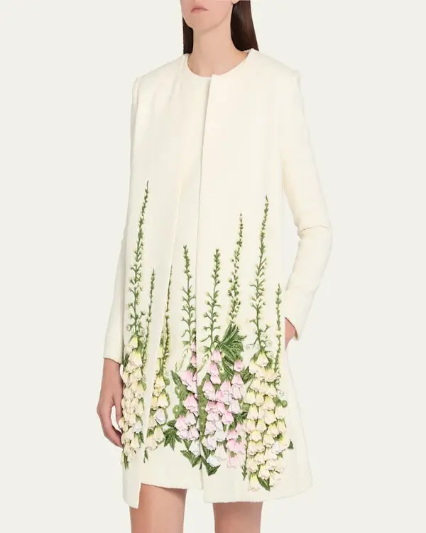 Oscar De La Renta Foxglove Embroidered Tweed Collarless Jacket