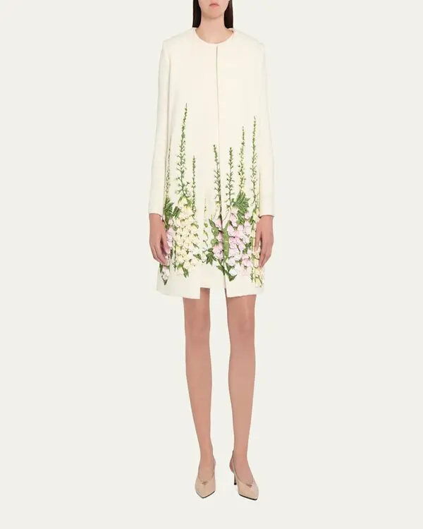 Oscar De La Renta Foxglove Embroidered Tweed Collarless Jacket