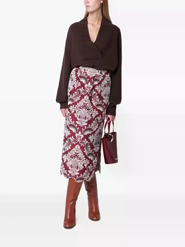 Farm Rio Patterned Jacquard Scallop-hem Midi Skirt - Red