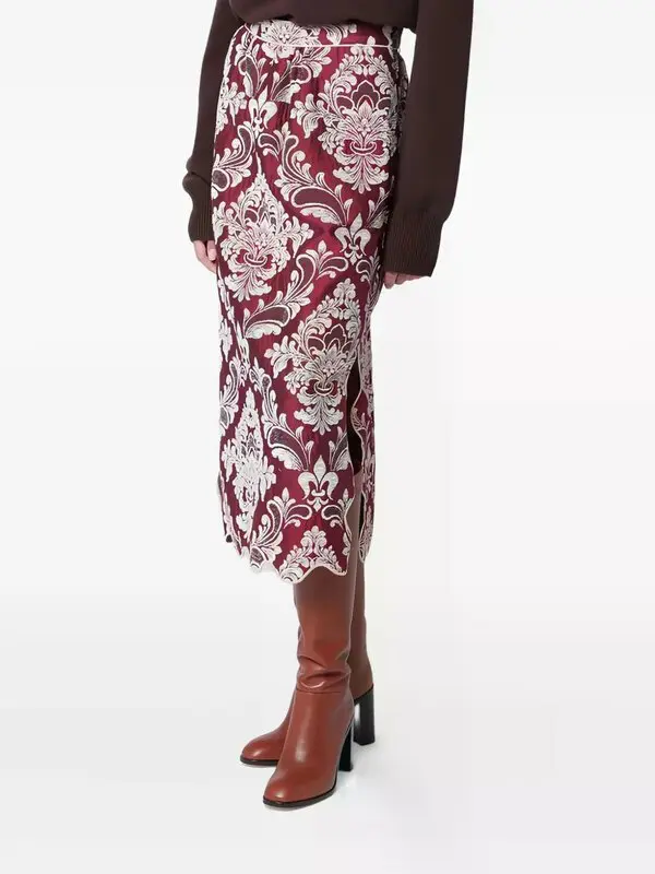 Farm Rio Patterned Jacquard Scallop-hem Midi Skirt - Red