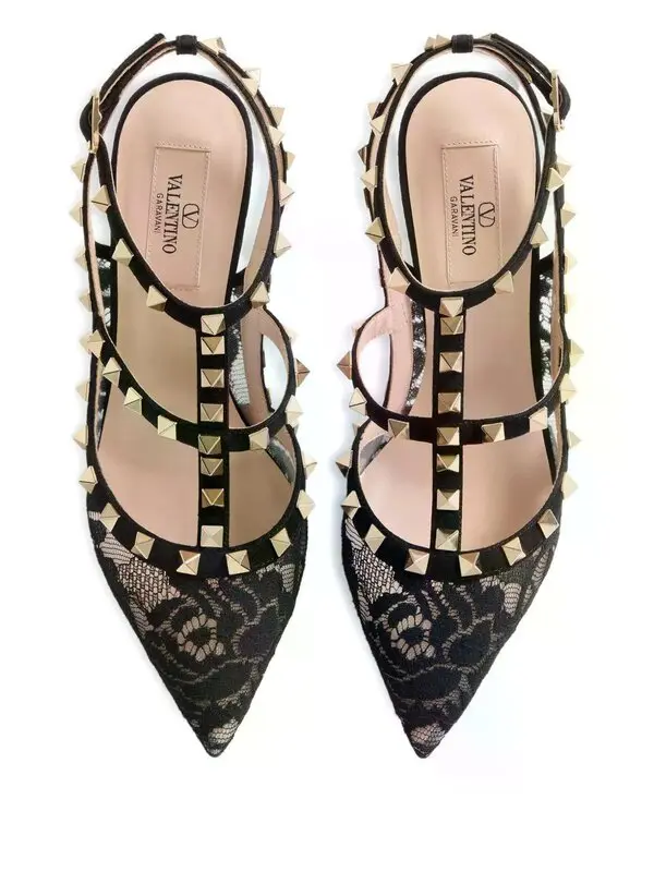 Valentino Garavani Rockstud Lace Pumps With Straps 100mm - Black