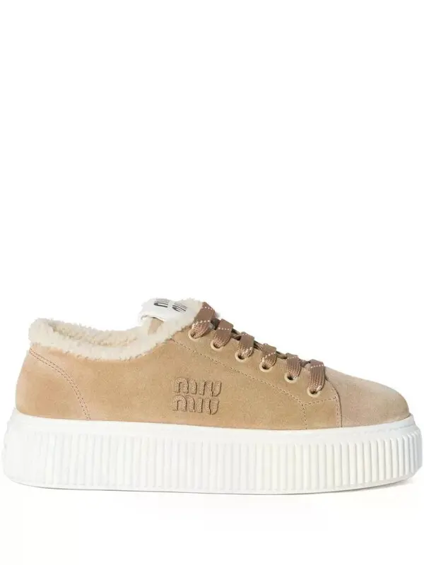 Miu Miu Logo-embroidered Suede Shearling Lined Platform Sneakers - Neutrals