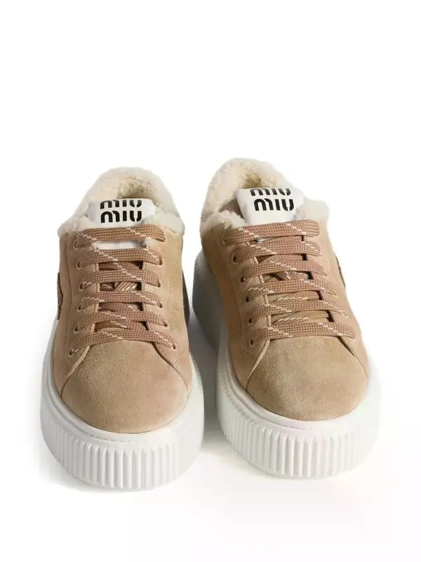 Miu Miu Logo-embroidered Suede Shearling Lined Platform Sneakers - Neutrals