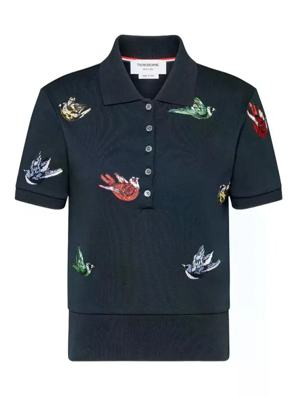 Thom Browne Satin Stitch Bird Embroidery Polo - Blue