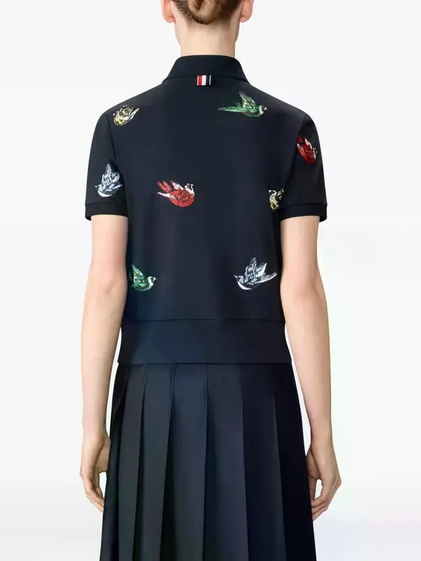 Thom Browne Satin Stitch Bird Embroidery Polo - Blue