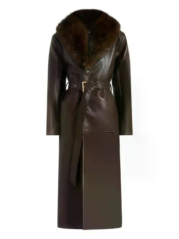 Manière De Voir Faux-leather Belted Coat With Faux-fur Collar
