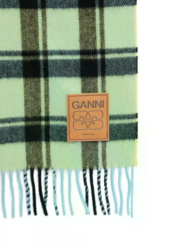 GANNI Checked Fringed Scarf - Green