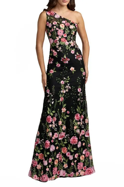 Mac Duggal One Shoulder Lace Embroidered Gown - Black Multi