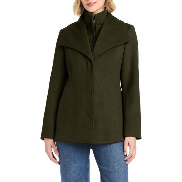Vince Camuto High-low Hem Wool Blend Coat With Fixed Bib - Olive