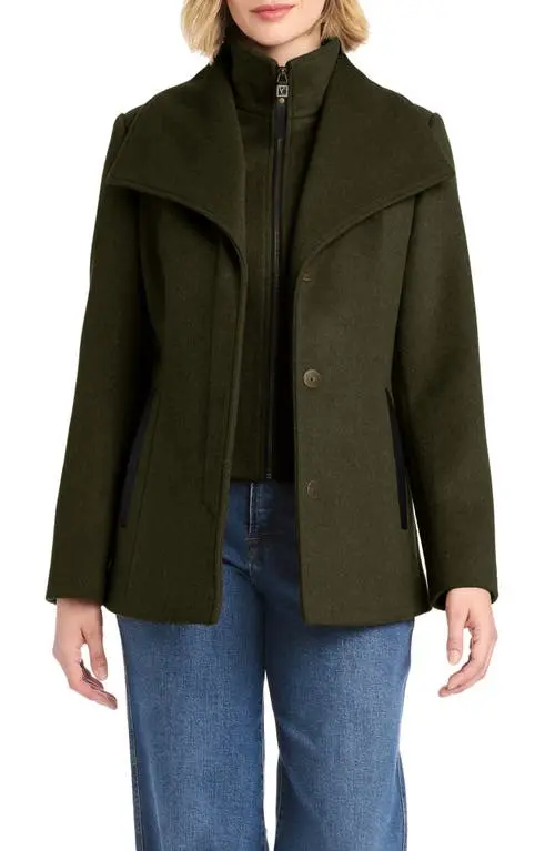Vince Camuto High-low Hem Wool Blend Coat With Fixed Bib - Olive