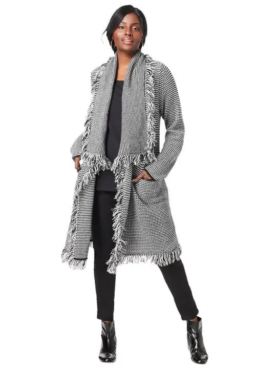 JESSICA LONDON Shawl-collar Fringe Jacket - Black Ivory