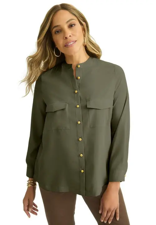 JESSICA LONDON Button-front Chest Pocket Blouse - Dark Olive Green