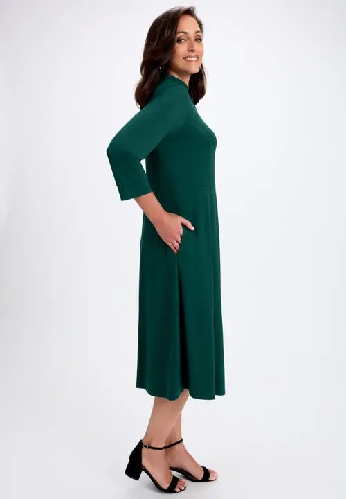 JESSICA LONDON V-neck Midi Dress With Pleats And Pockets - Emerald Green