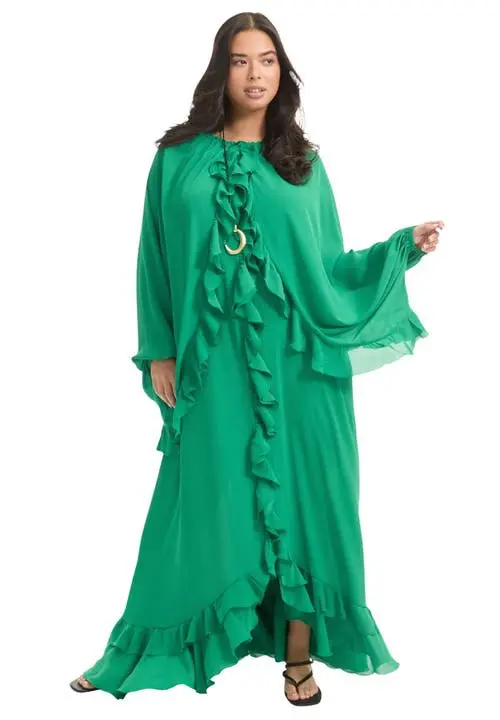 JUNE + VIE Ruffled Chiffon Cape Maxi Dress