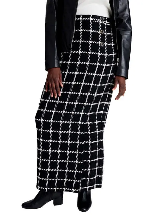 JESSICA LONDON Side-button Plaid Wool Skirt - Black Ivory Windowpane