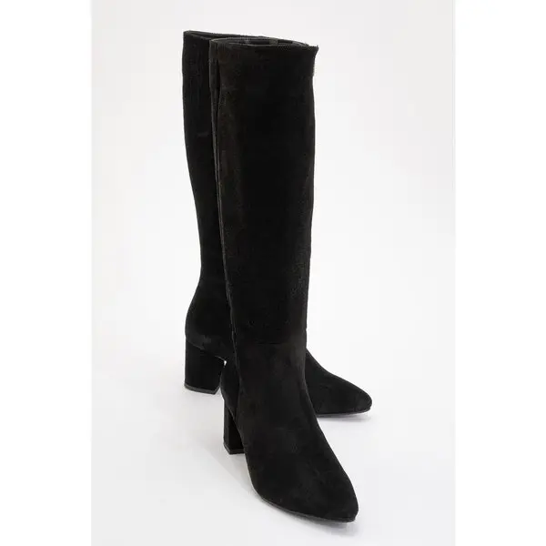FOREVER & ALWAYS SHOES Sejas Leather Block Heel Knee-high Boots - Black Suede Leather