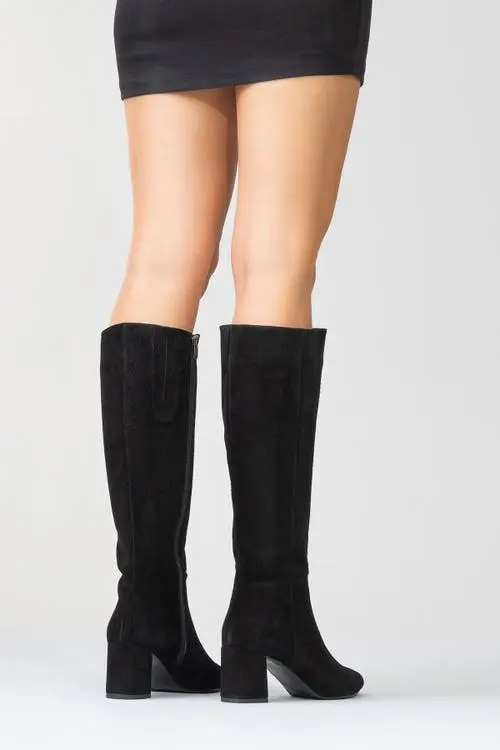 FOREVER & ALWAYS SHOES Sejas Leather Block Heel Knee-high Boots - Black Suede Leather
