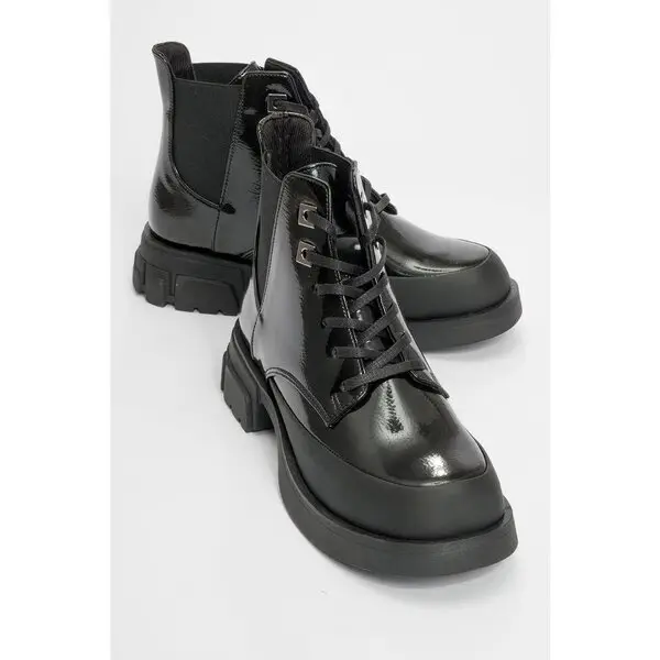 PROLOGUE SHOES Challo Combat Boot - Black Patent Faux Leather