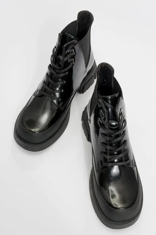 PROLOGUE SHOES Challo Combat Boot - Black Patent Faux Leather