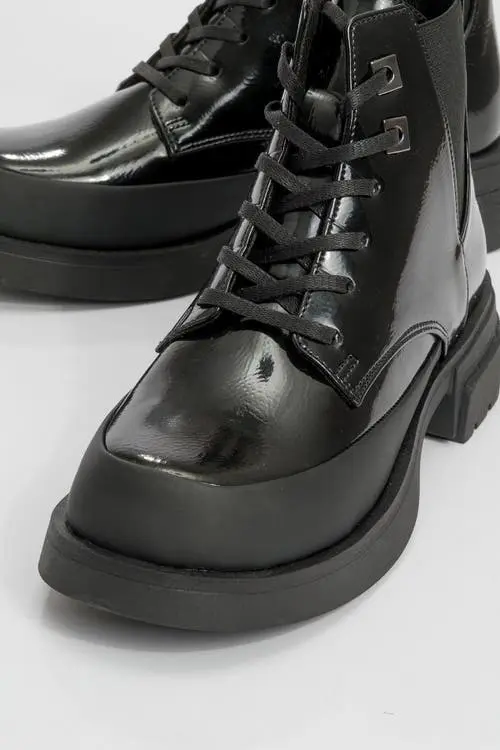 PROLOGUE SHOES Challo Combat Boot - Black Patent Faux Leather