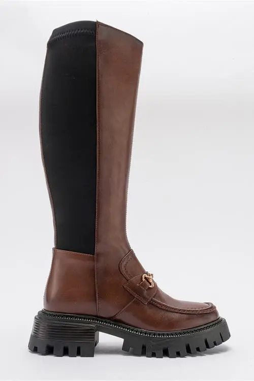PROLOGUE SHOES Chapel Buckle Stretch Boots - Cognac Stretch Faux Leather