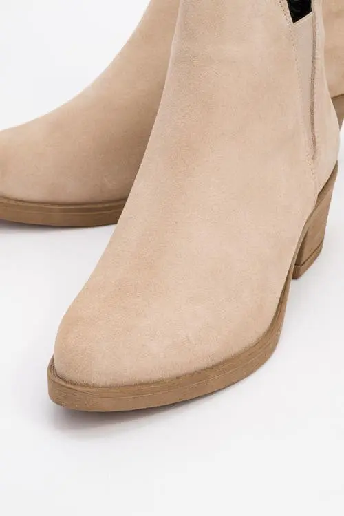 FOREVER & ALWAYS SHOES Dovena Leather Block Heel Ankle Boots - Beige Suede Leather